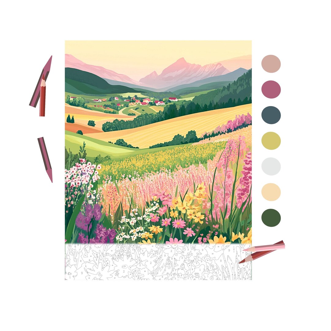 Meadow Landscape Flower Color by Number for Adult, Paint by Number ...