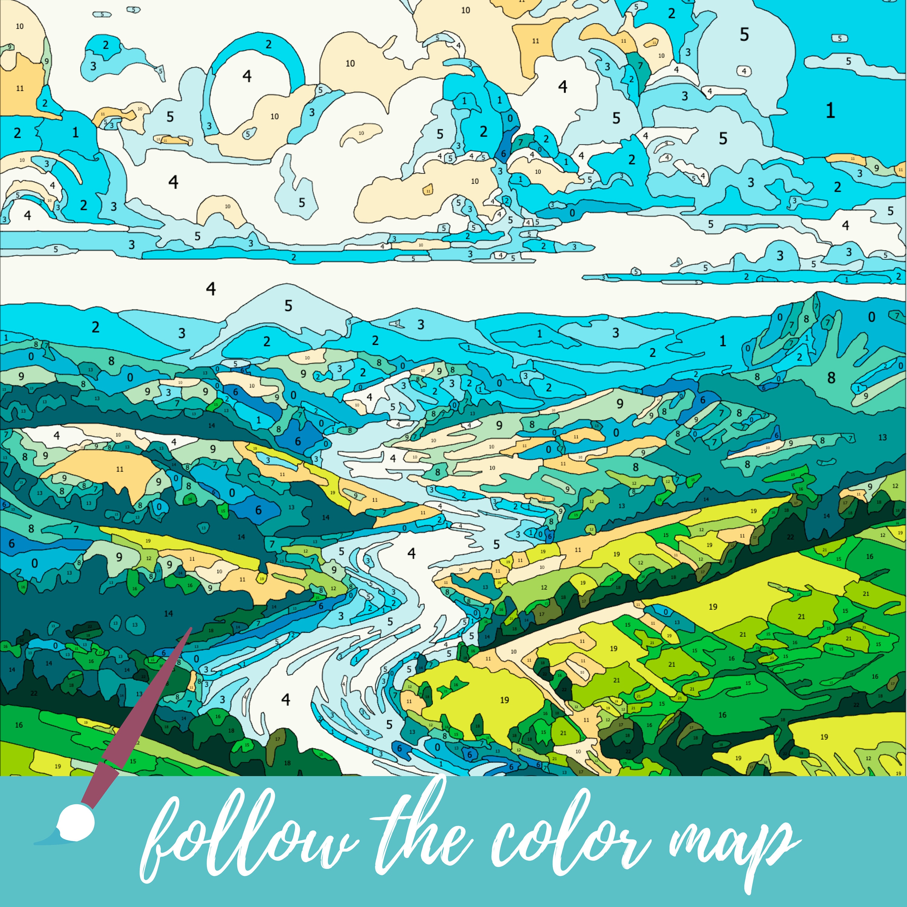 Color by Number for Adult, Paint by Number Printable, Hills Landscape ...