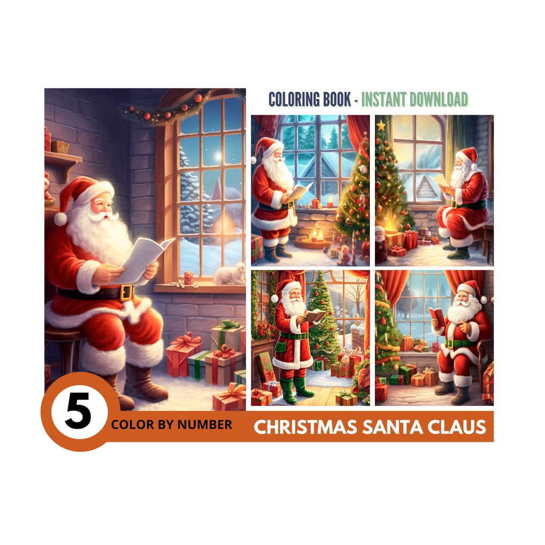 5 Christmas Santa ,color by Number for Adult, Paint by Number Printable ...