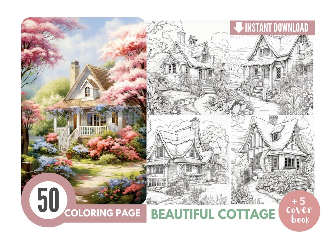50 Beautiful Cottage Coloring Pages for Adults, Grayscale Coloring Book ...
