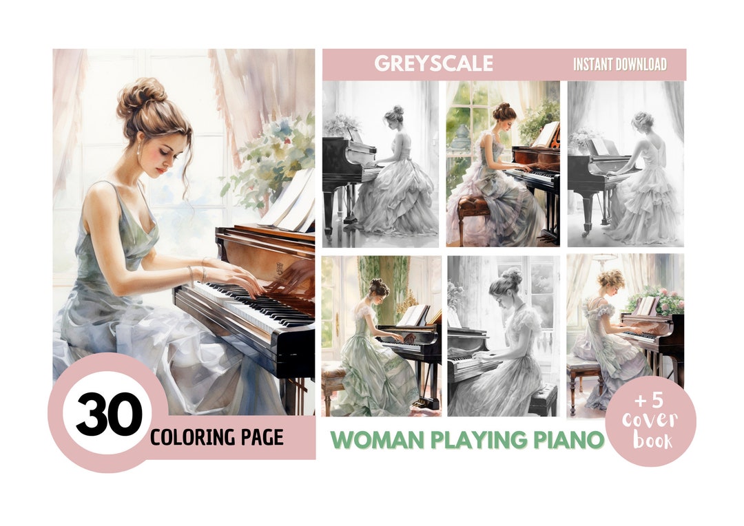 30 Woman Playing Piano, Coloring Pages for Adults,grayscale Coloring ...