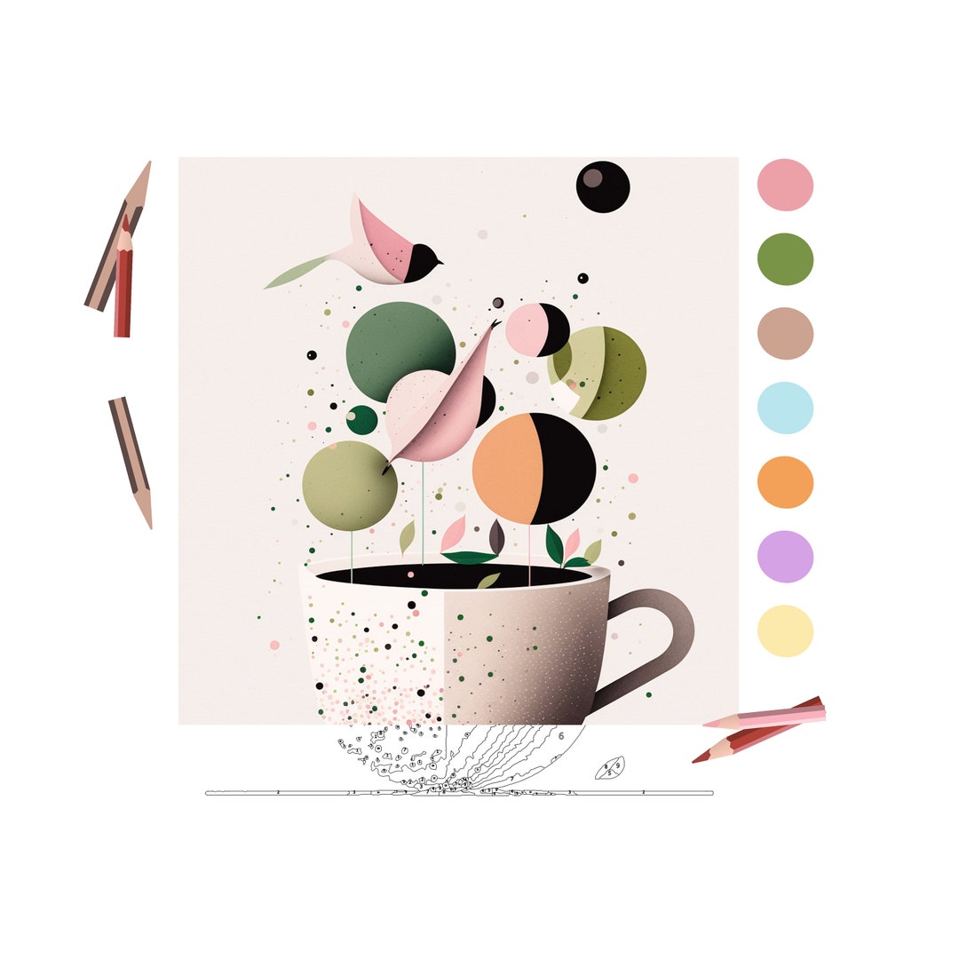 Color by Number Printable, Paint by Number DIY, Modern Abstract Cup of ...