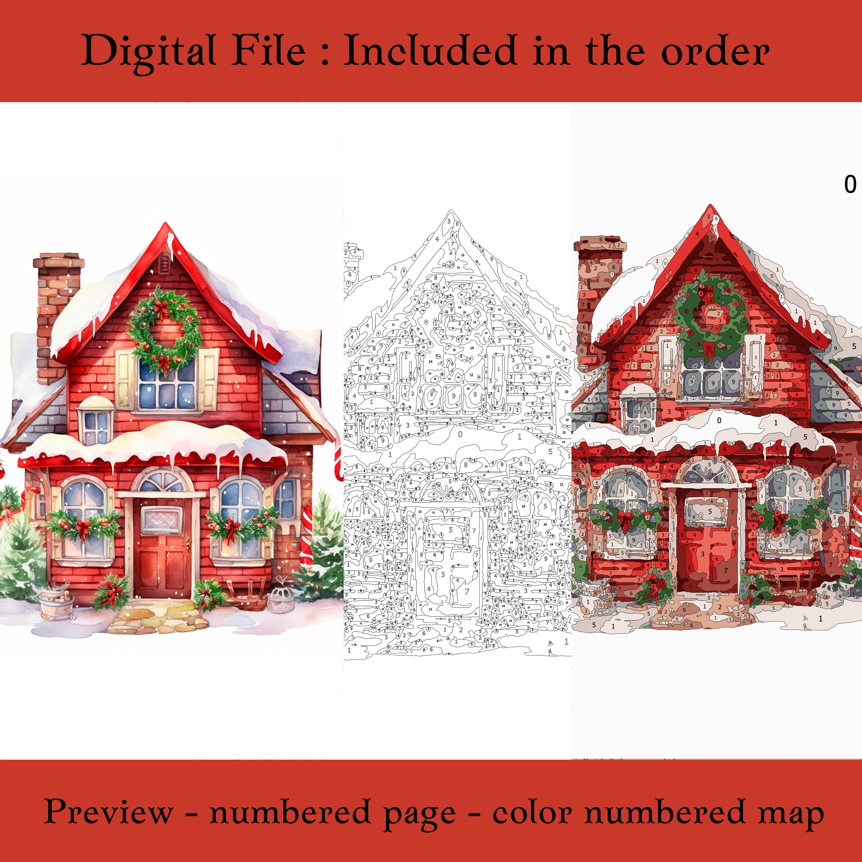 5 Christmas House, Color by Number for Adult, Paint by Number Printable ...