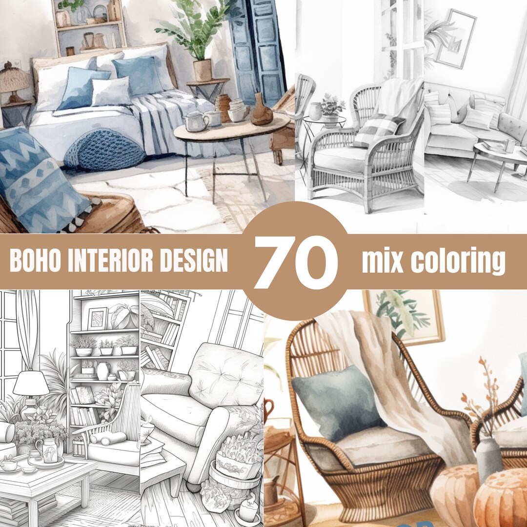 70 Boho Interior Design,coloring Pages for Adults,grayscale Coloring ...