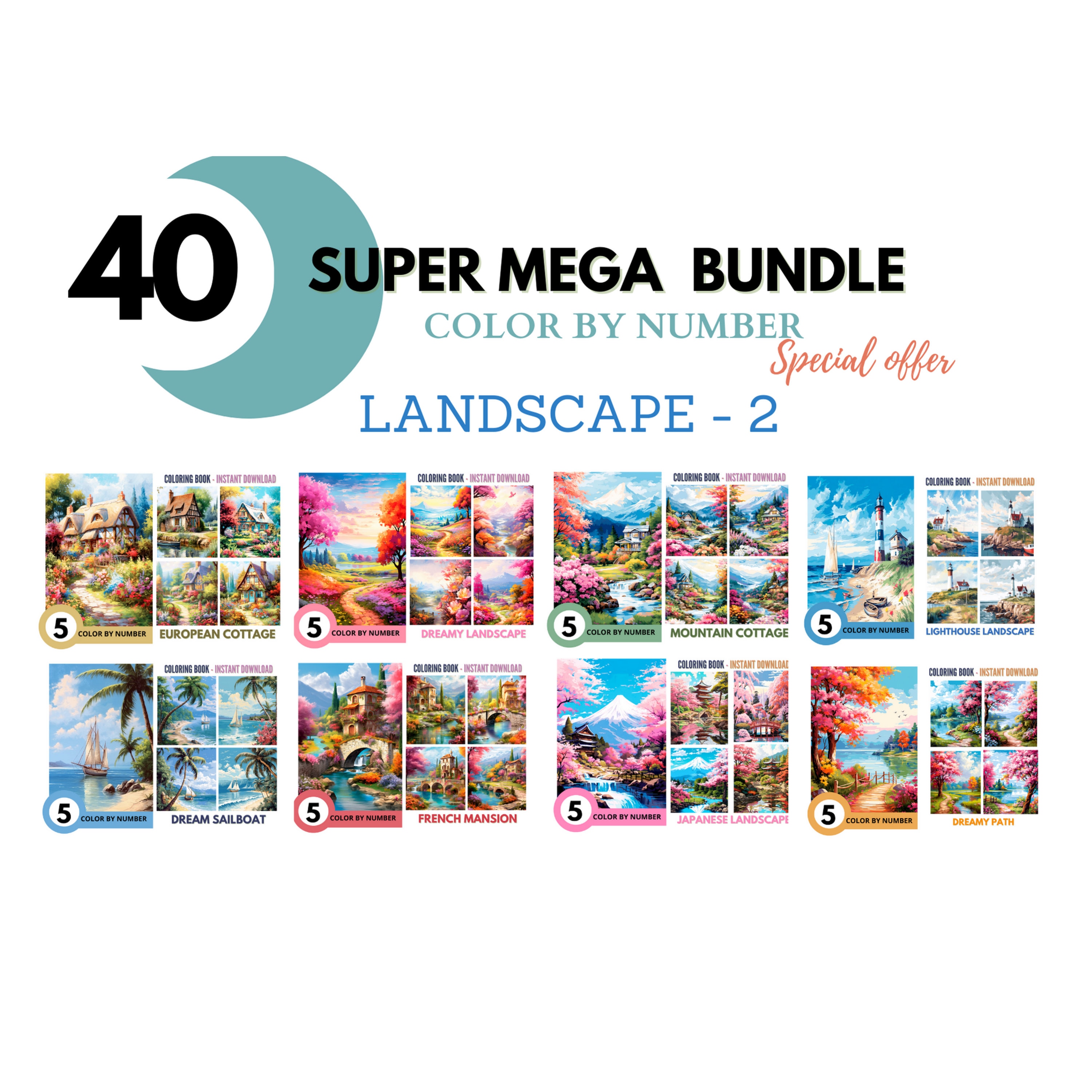 Bundle 40 Color by Number for Adult, Paint by Number Printable ...