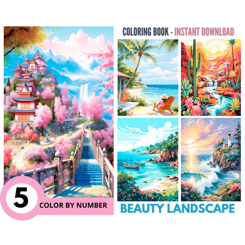 Color by Number for Adult, Paint by Number Printable,5 Beauty Landscape ...