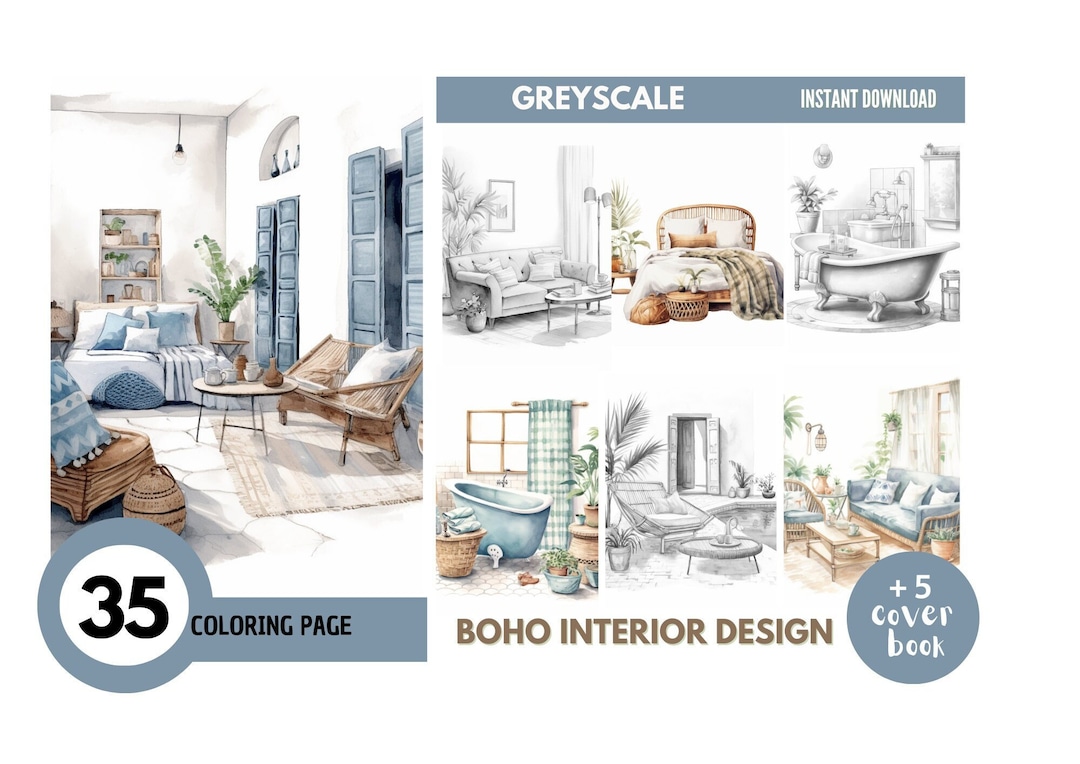 35 Boho Interior Design Coloring Pages for Adultsgrayscale - Etsy