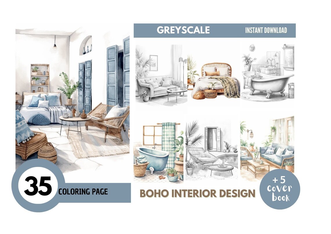 35 Boho Interior Design Coloring Pages for Adultsgrayscale - Etsy