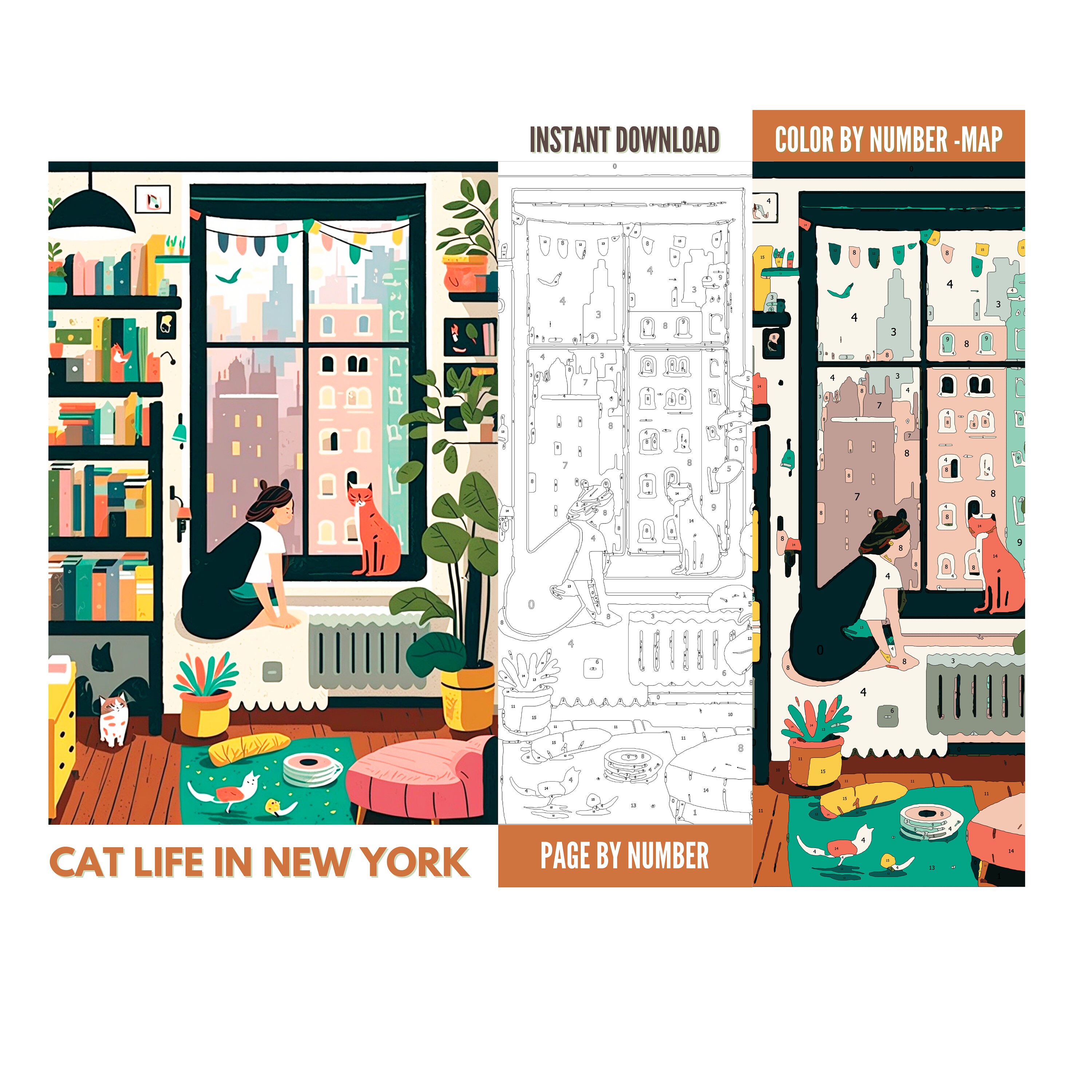 Color by Number for Adult,paint by Number Printable,5 Cat Life in New ...