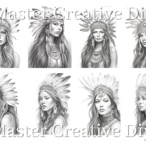 50 Woman Native American Coloring Book - Adults Coloring Pages, Instant ...