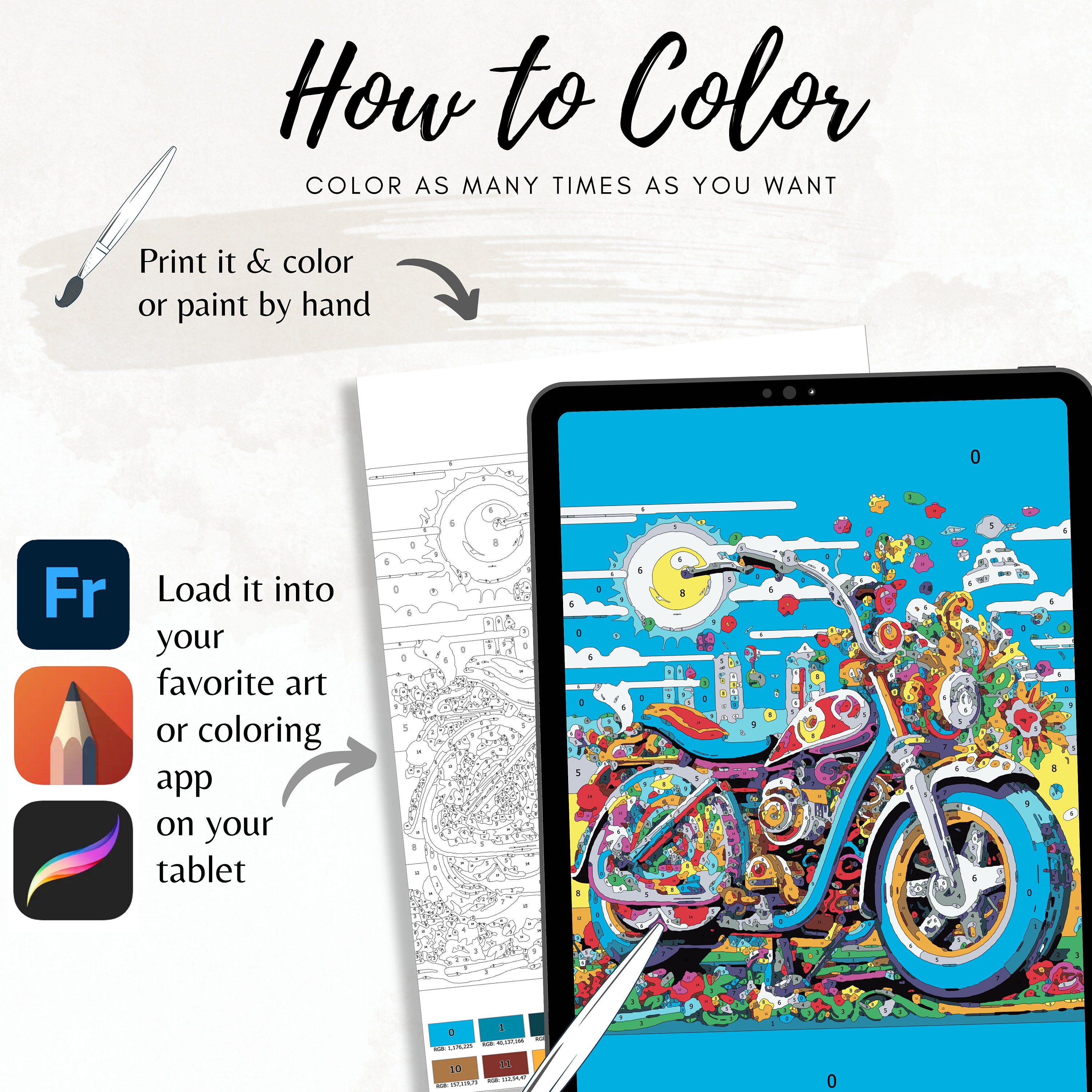 Color by Number for Adult, Paint by Number Printable,mandala Motorcycle ...