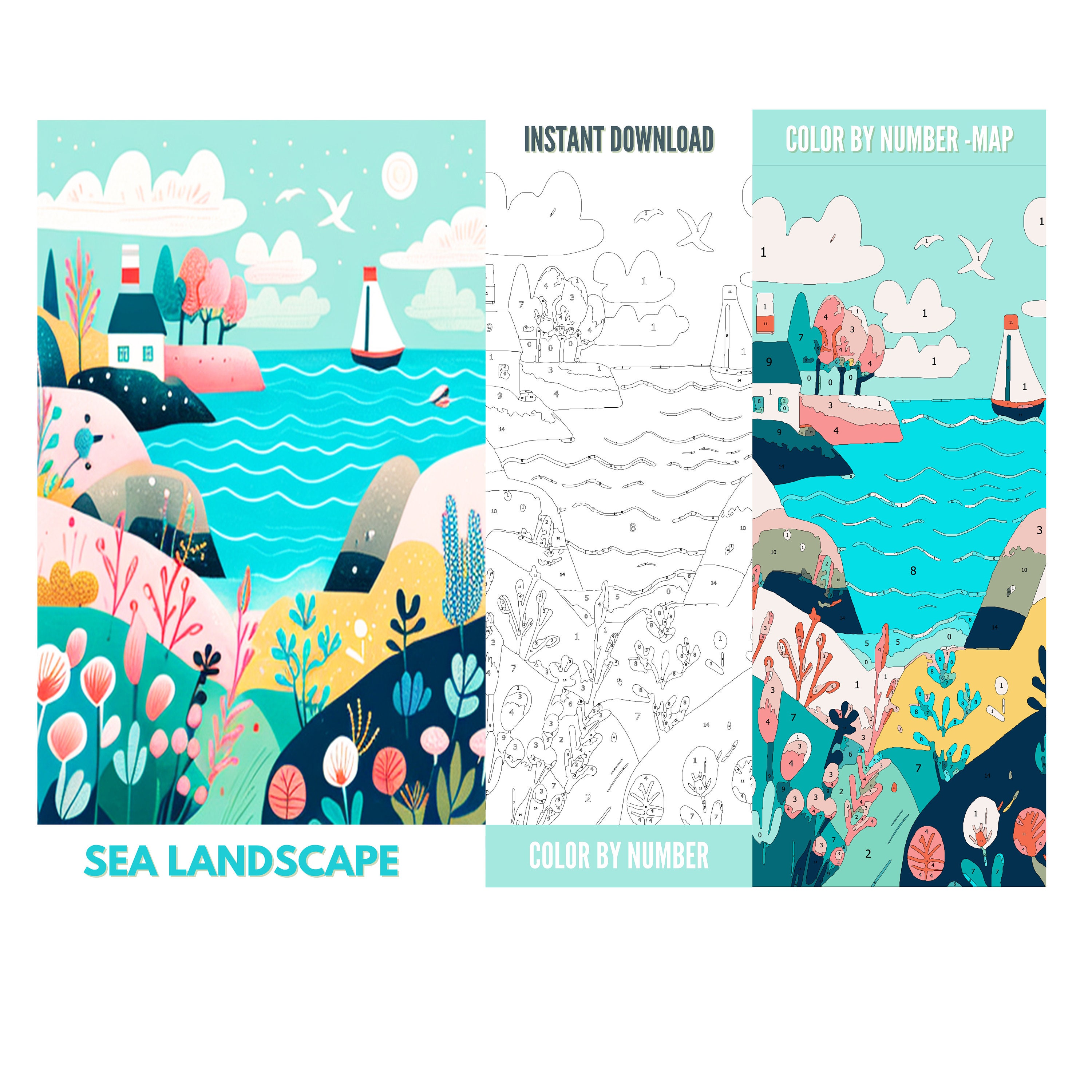 Color by Number for Adult,paint by Number Printable,5 Sea Landscape ...
