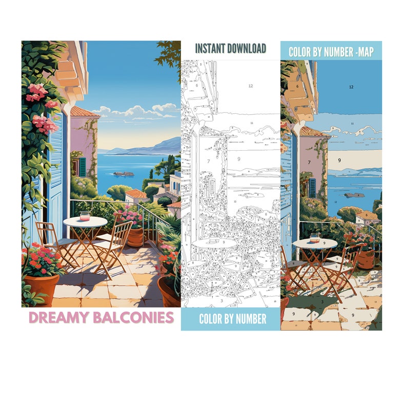 Color by Number for Adult, Paint by Number Printable, Dreamy Balconies ...