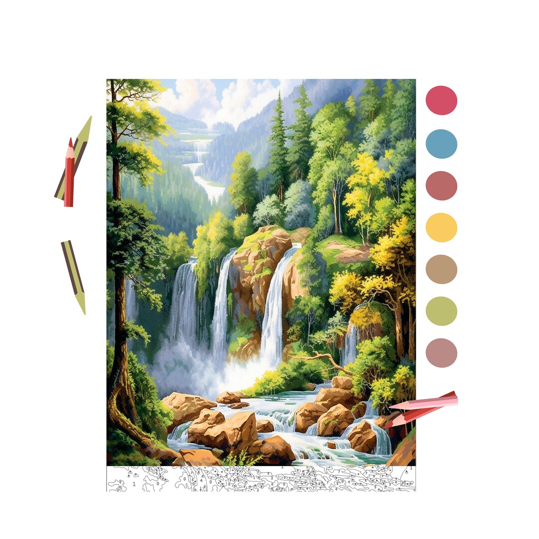 Color by Number for Adult, Paint by Number Printable, Beauty Waterfalls ...