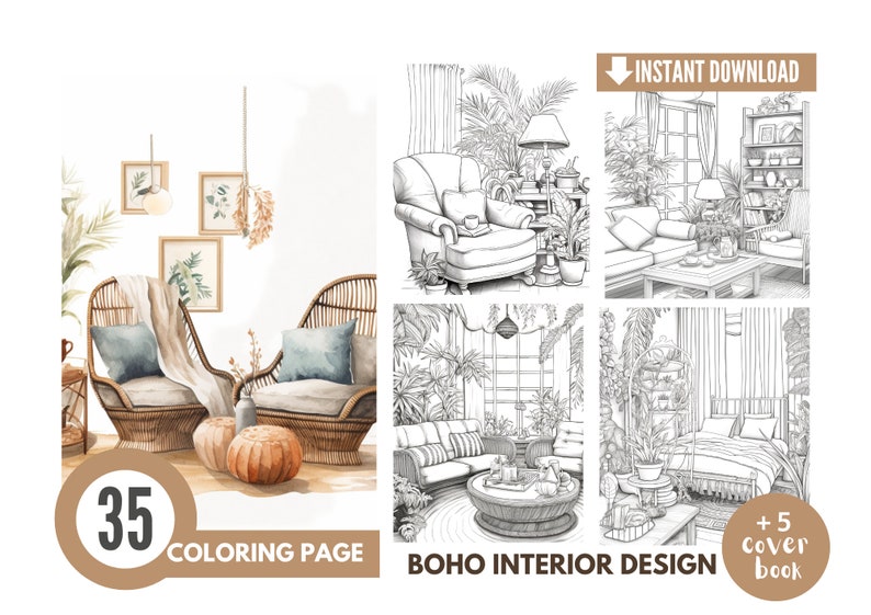 35 Boho Interior Design Coloring Pages for Adultsgrayscale - Etsy
