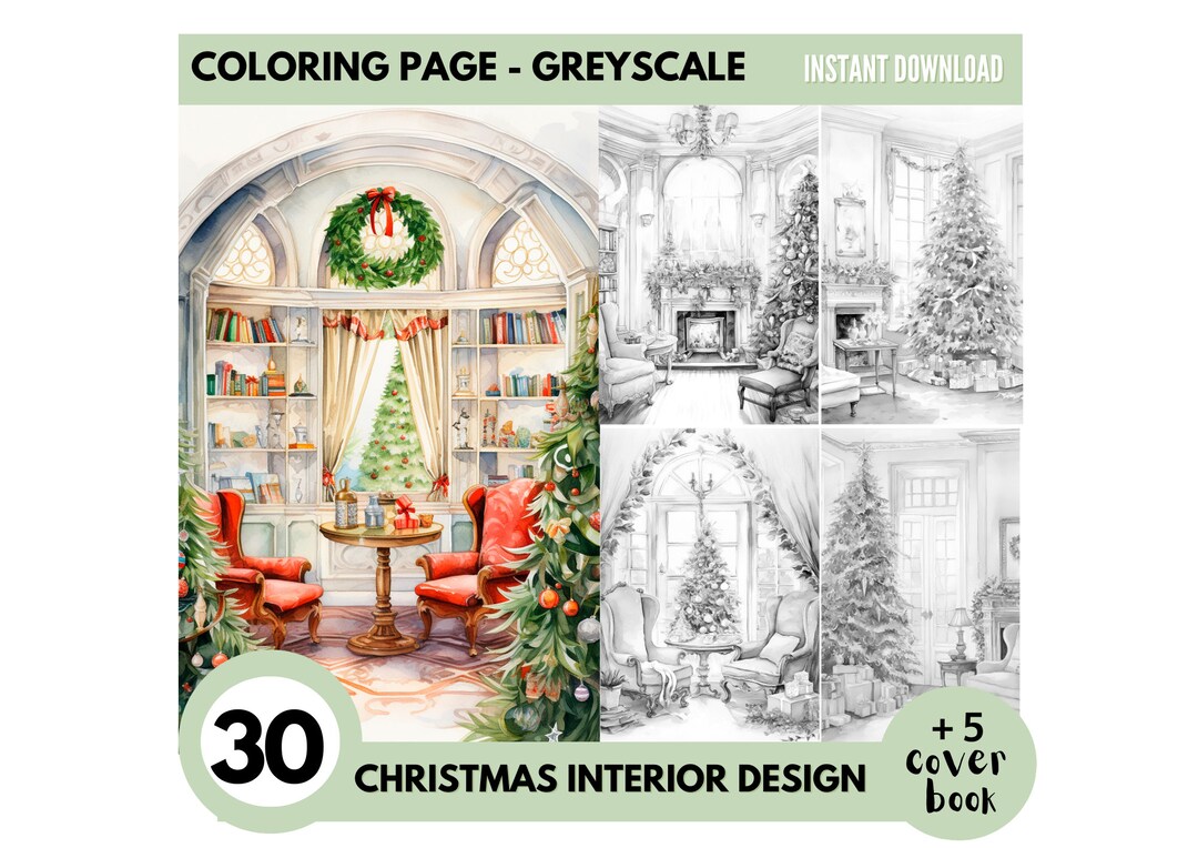 30 Christmas Interior Design Coloring Book - Adults Coloring Pages ...