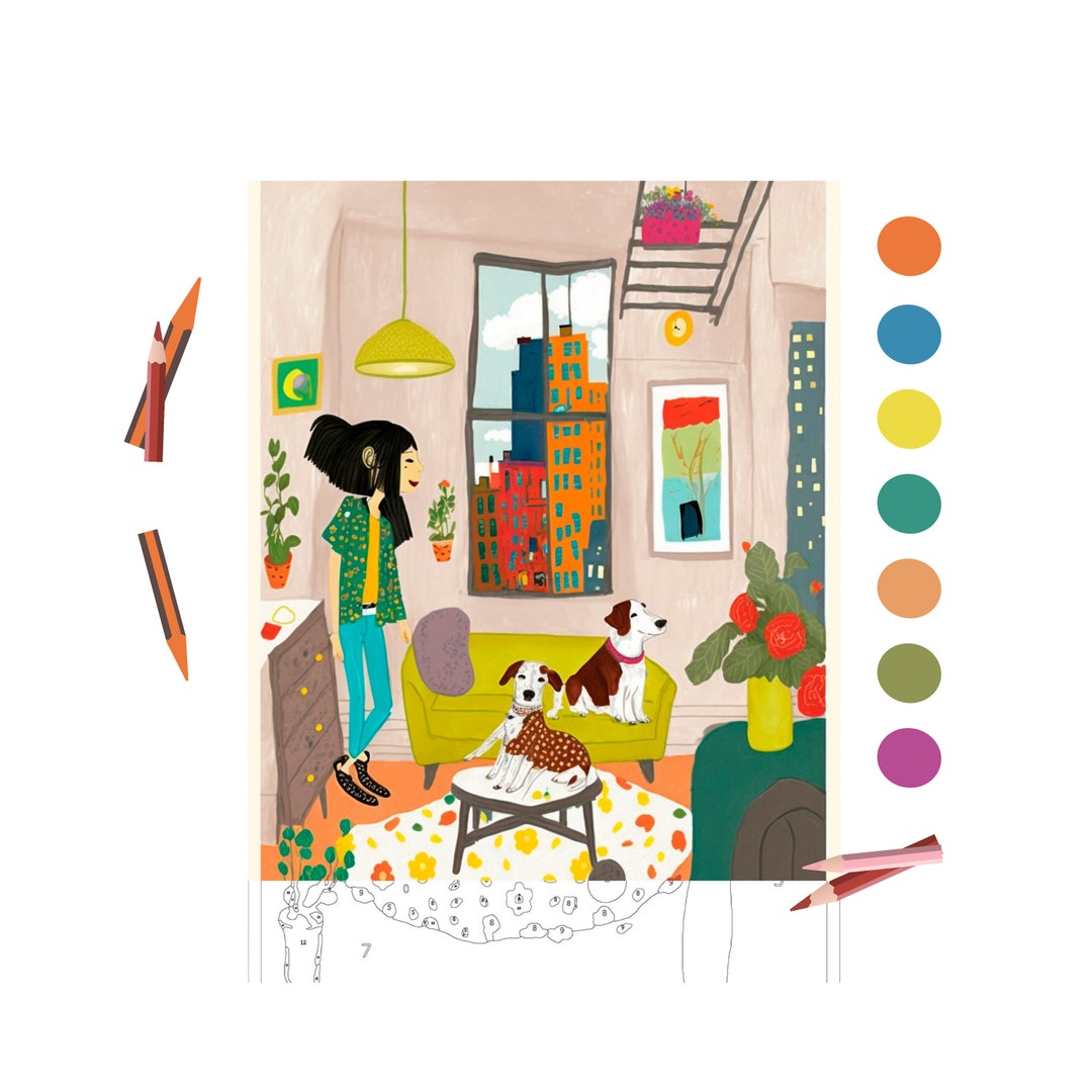 Color by Number Adult,paint by Number Printable, Dog Life in Apartment ...