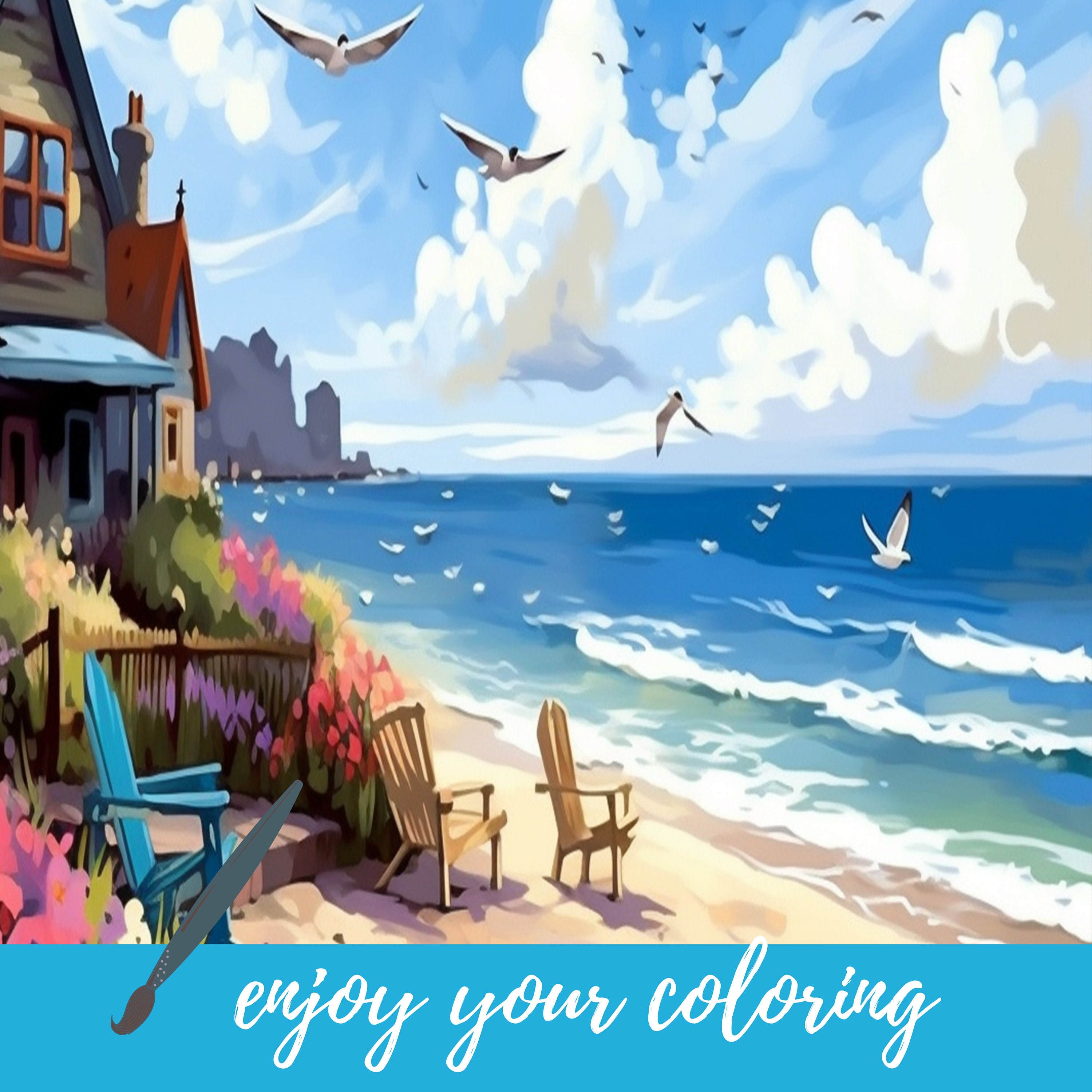 Beach Landscape Coloring Pages for Adults, Grayscale Coloring Book ...