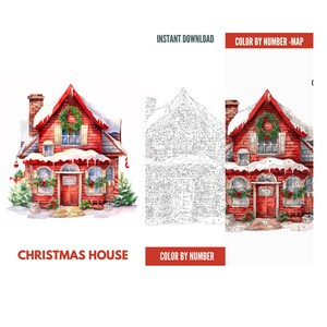 5 Christmas House, Color by Number for Adult, Paint by Number Printable ...