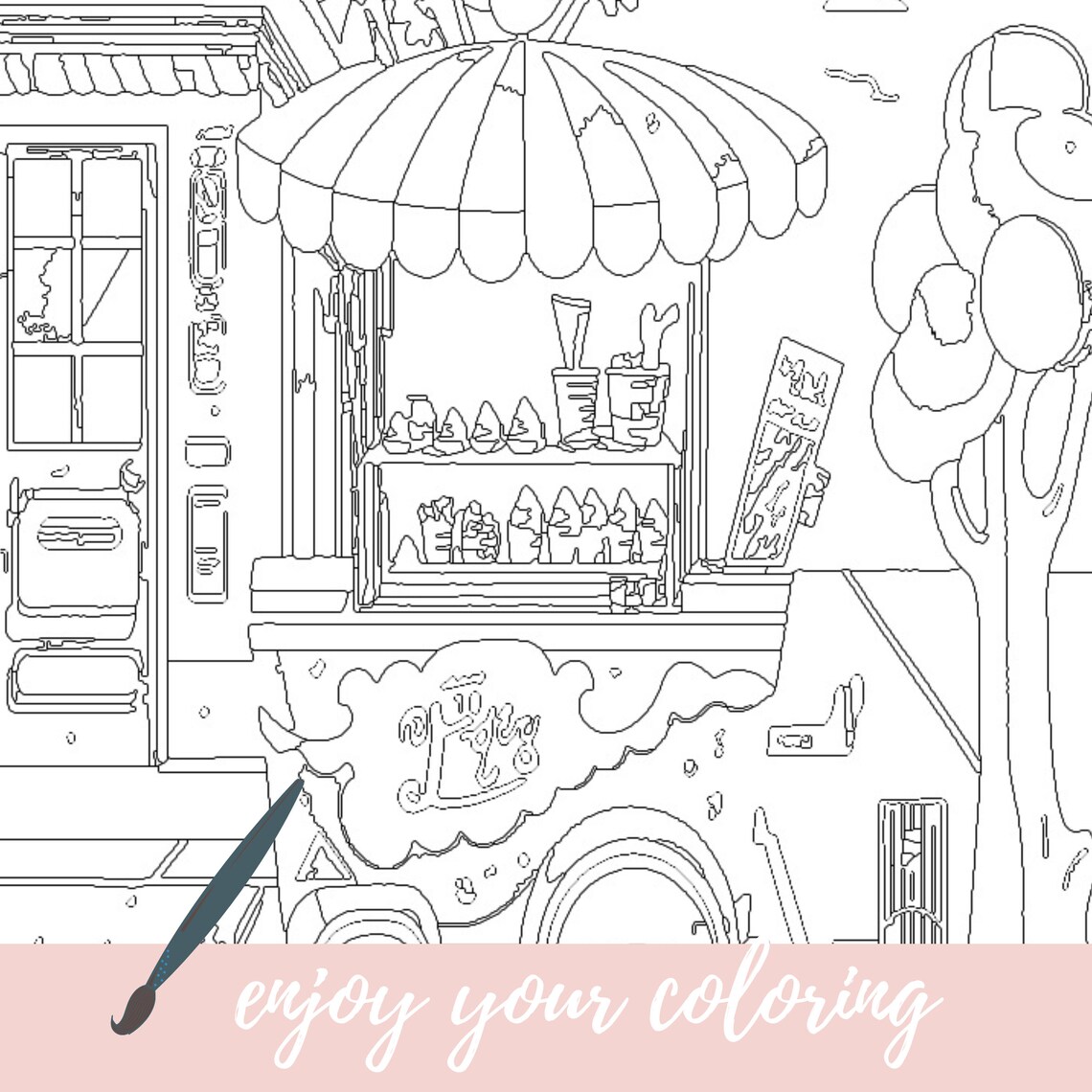 Beautiful Ice Cream Cart Coloring Pages for Adults, Grayscale Coloring ...