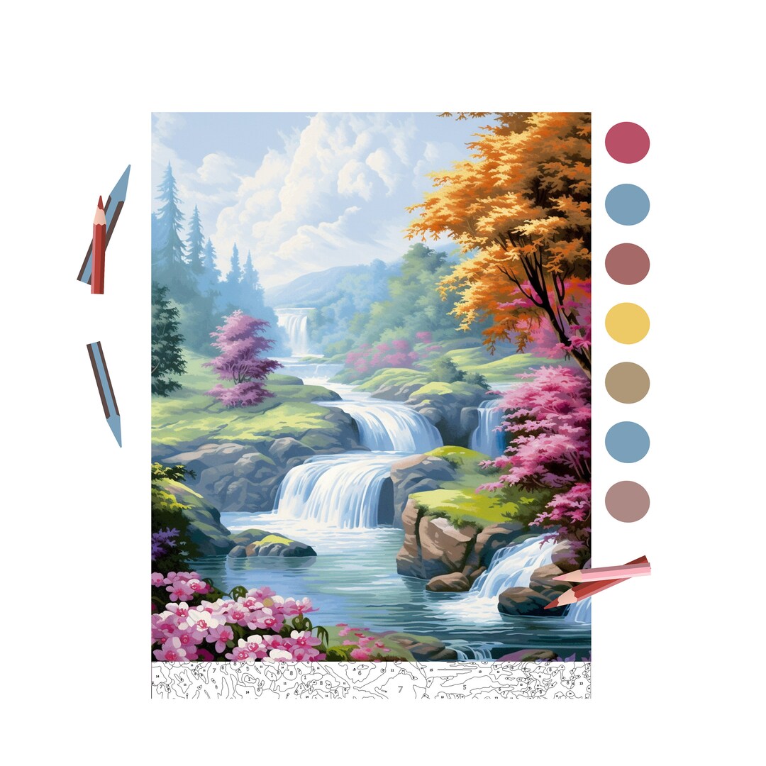 Color by Number for Adult, Paint by Number Printable, Beauty Waterfalls ...
