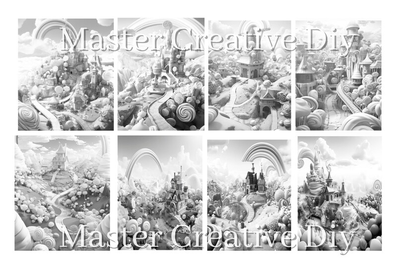 30 Fairy Candy Landscape Coloring Pages for Adults, Grayscale Coloring ...