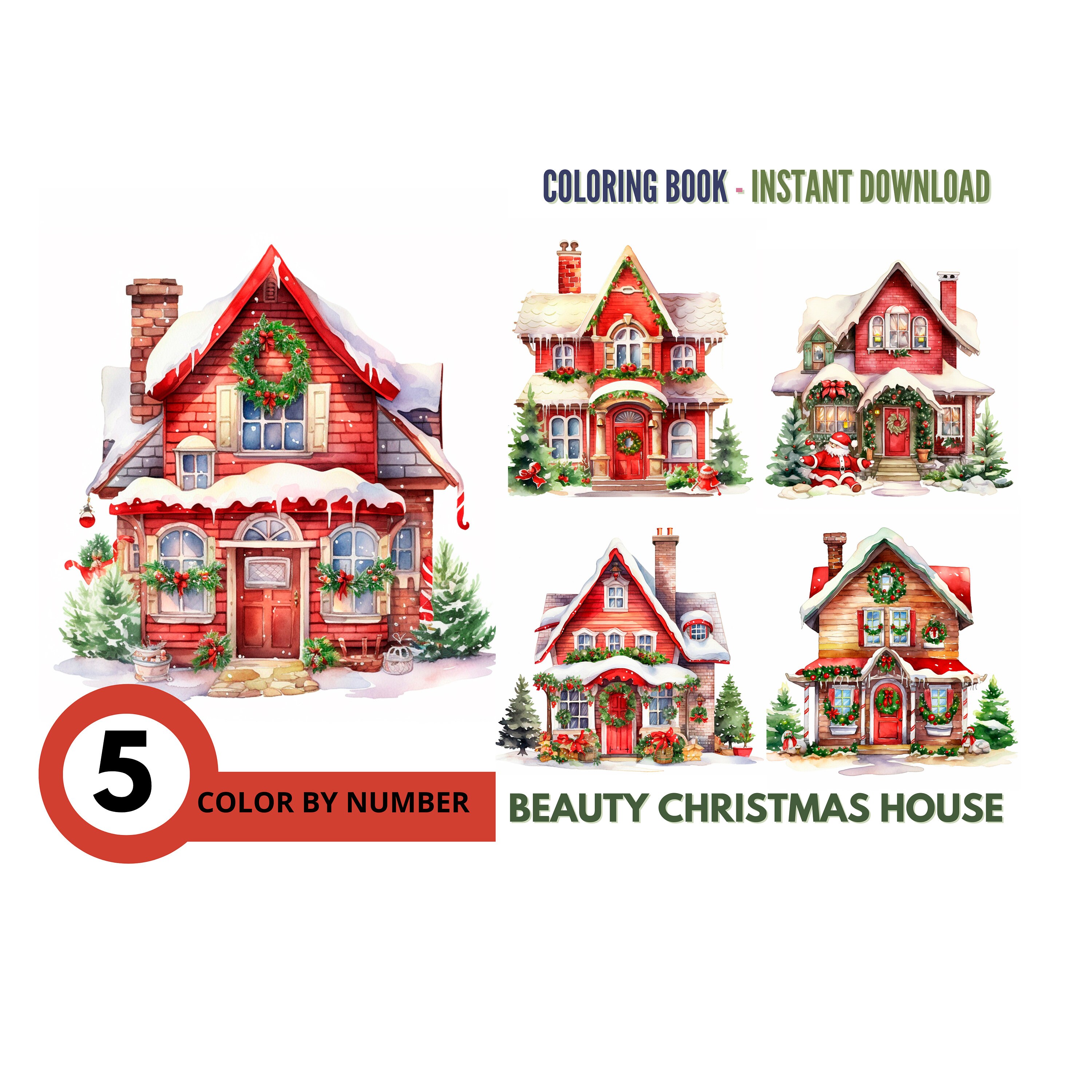 5 Christmas House, Color by Number for Adult, Paint by Number Printable ...