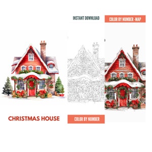5 Christmas House, Color by Number for Adult, Paint by Number Printable ...