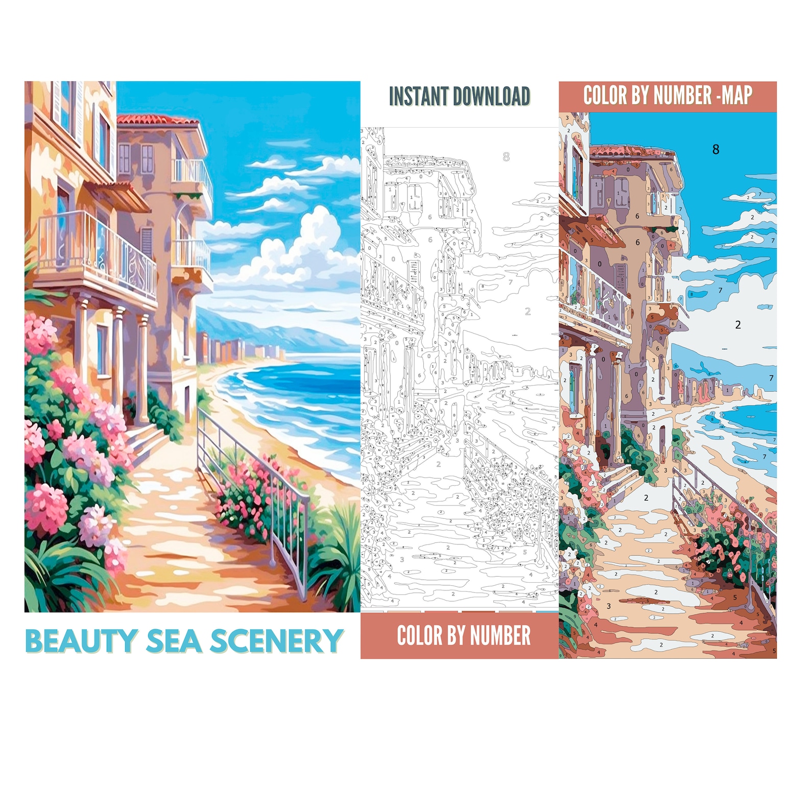 Color by Number for Adult, Paint by Number Printable,beauty Sea House ...