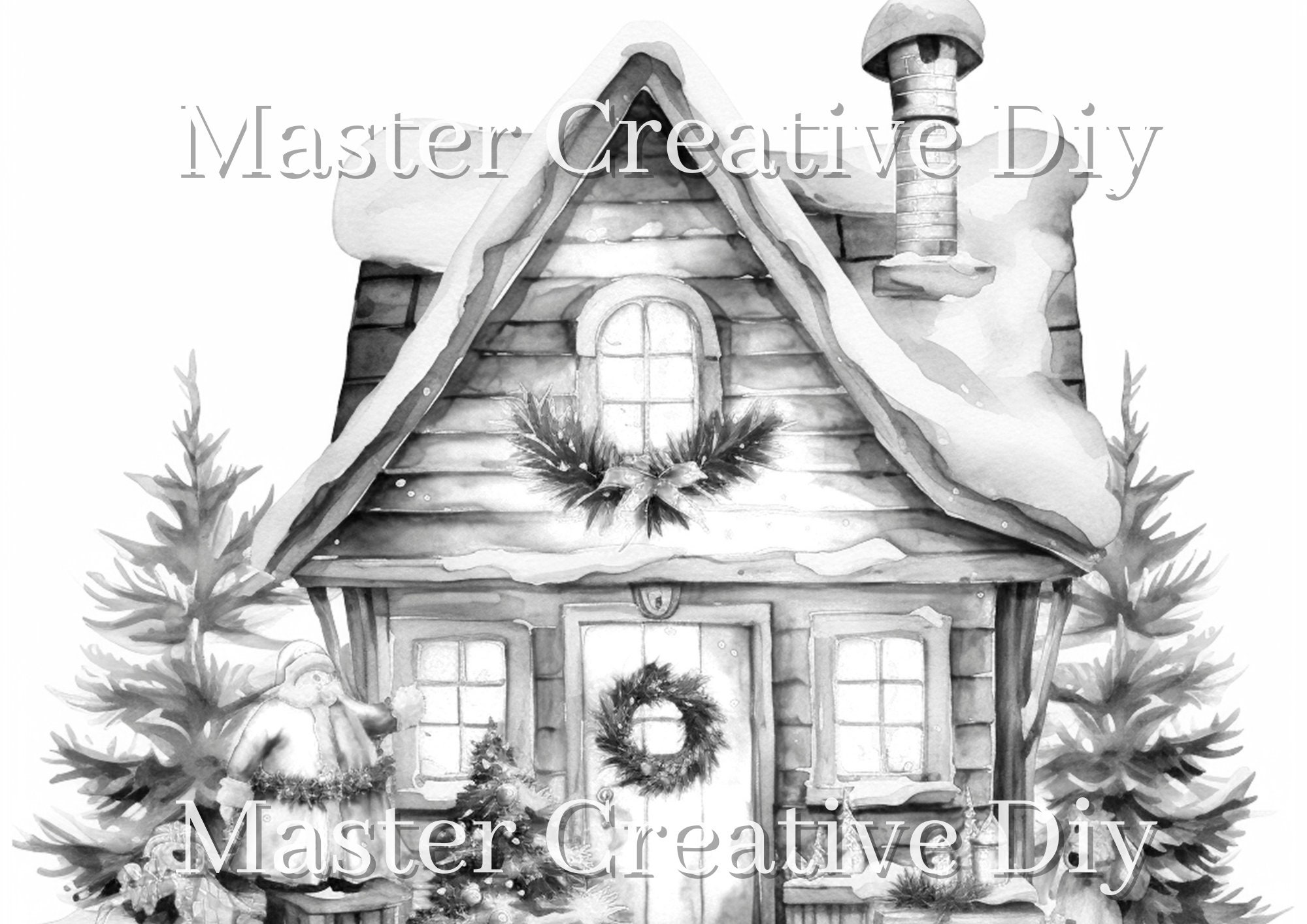 30 Christmas Cottage Coloring Book - Adults Coloring Pages, Grayscale ...