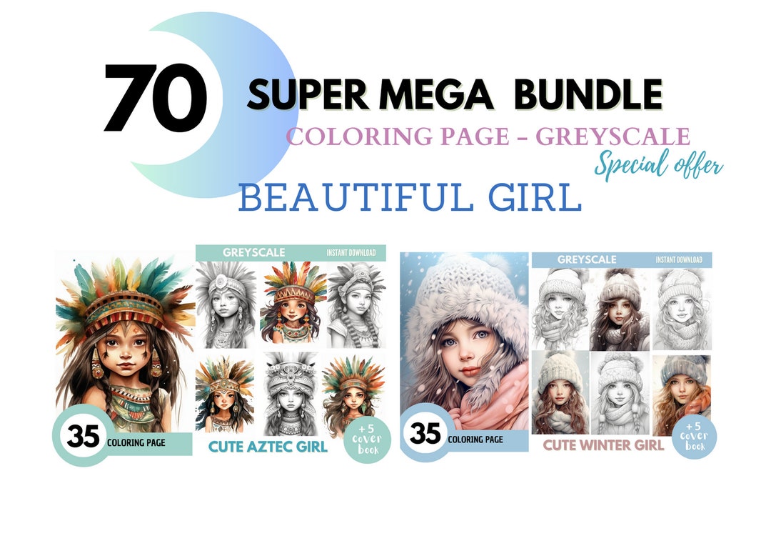 70 Bundle Beautiful Girl, Coloring Pages for Adults,grayscale Coloring ...
