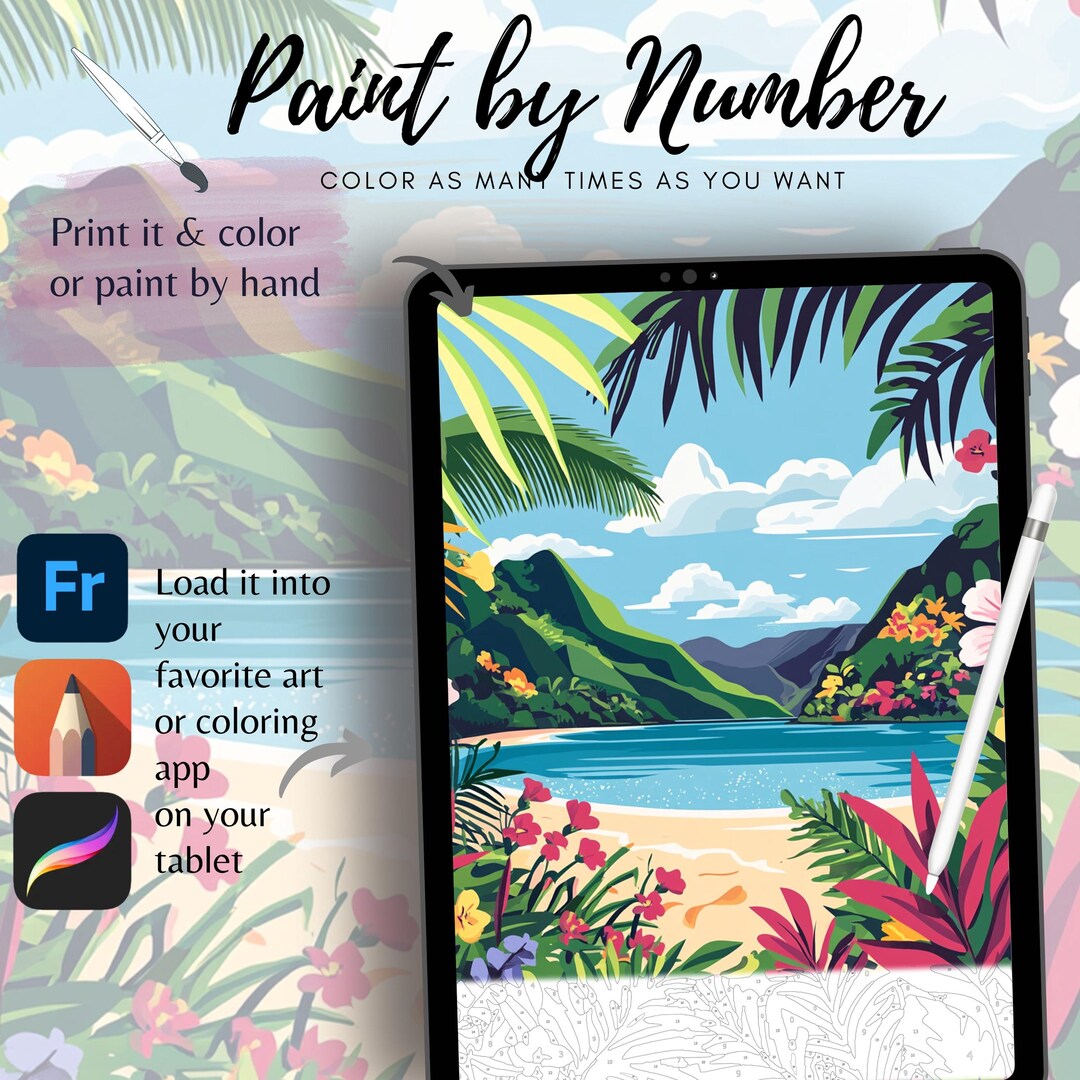 Tropical Landscape Color by Number for Adult, Paint by Number Printable ...