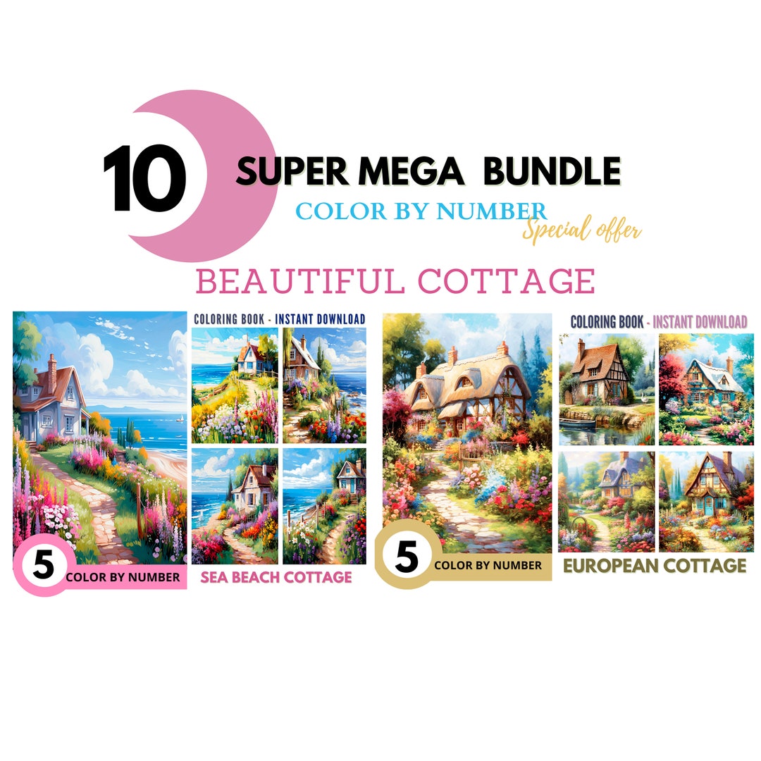 Bundle 10 Beautiful Cottage ,color by Number for Adult, Paint by Number ...