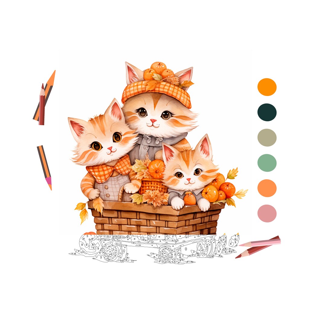 Color by Number for Adult, Paint by Number Printable, Beauty Fall Cats ...