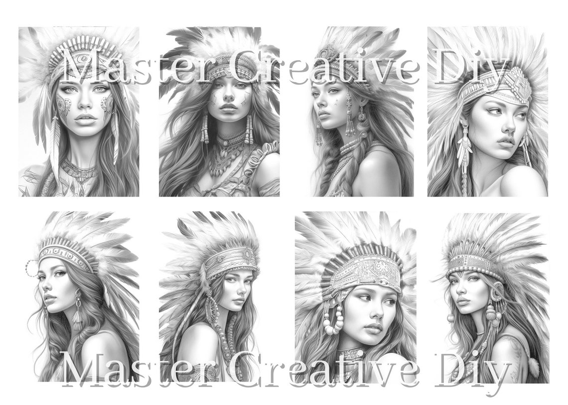50 Woman Native American Coloring Book - Adults Coloring Pages, Instant ...