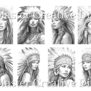 50 Woman Native American Coloring Book - Adults Coloring Pages, Instant ...