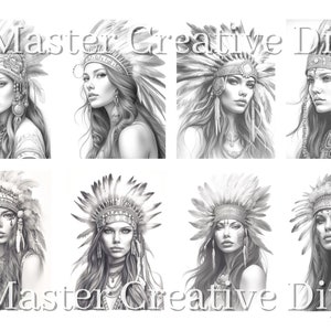 50 Woman Native American Coloring Book - Adults Coloring Pages, Instant ...