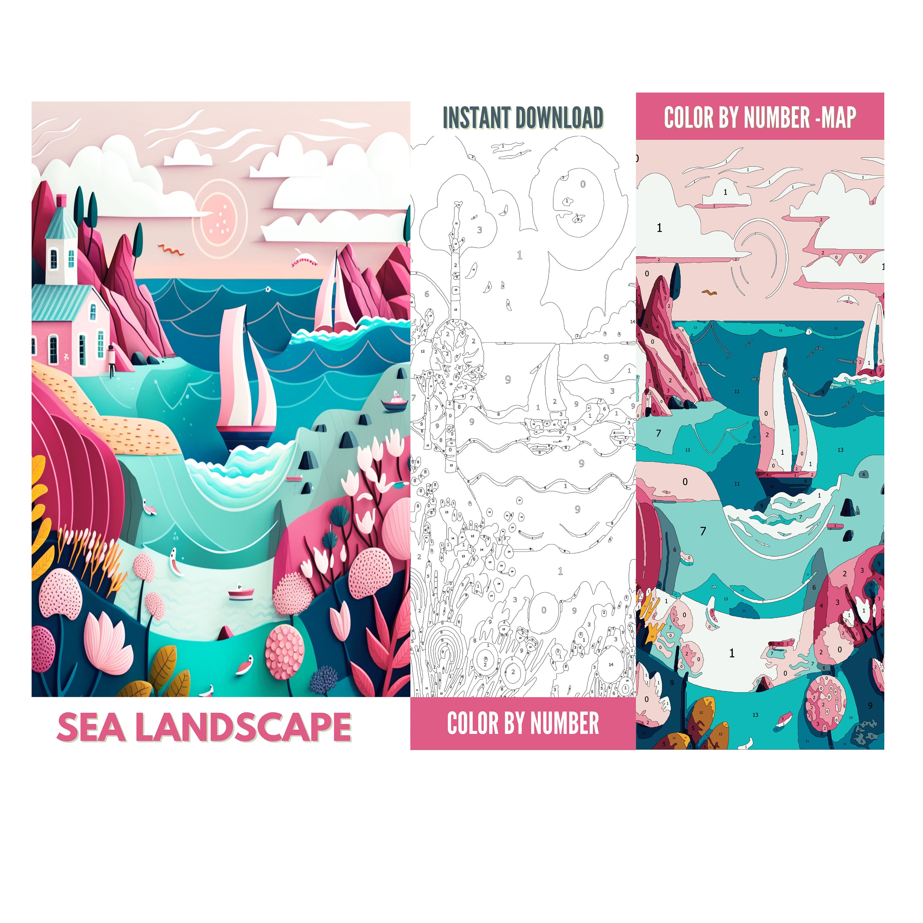 Color by Number for Adult,paint by Number Printable,5 Sea Landscape ...