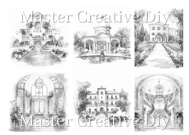 65 Bundle Italian Villa, Coloring Pages for Adults,grayscale Coloring ...