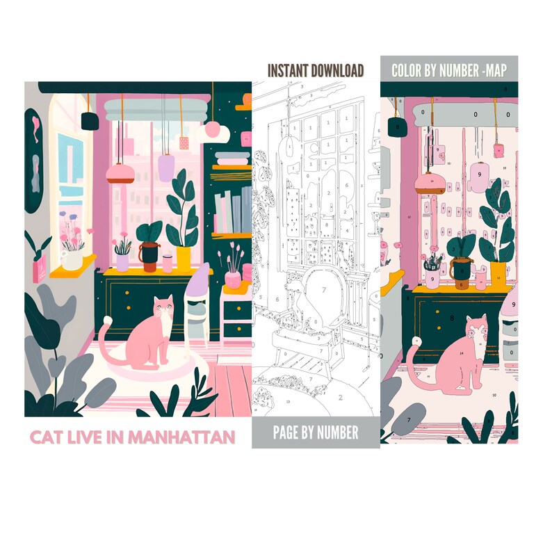 Color by Number for Adult,paint by Number Printable,5 Cat Life in New ...