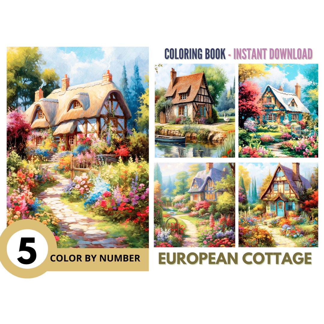 5 European Cottage Color by Number for Adult, Paint by Number Printable ...
