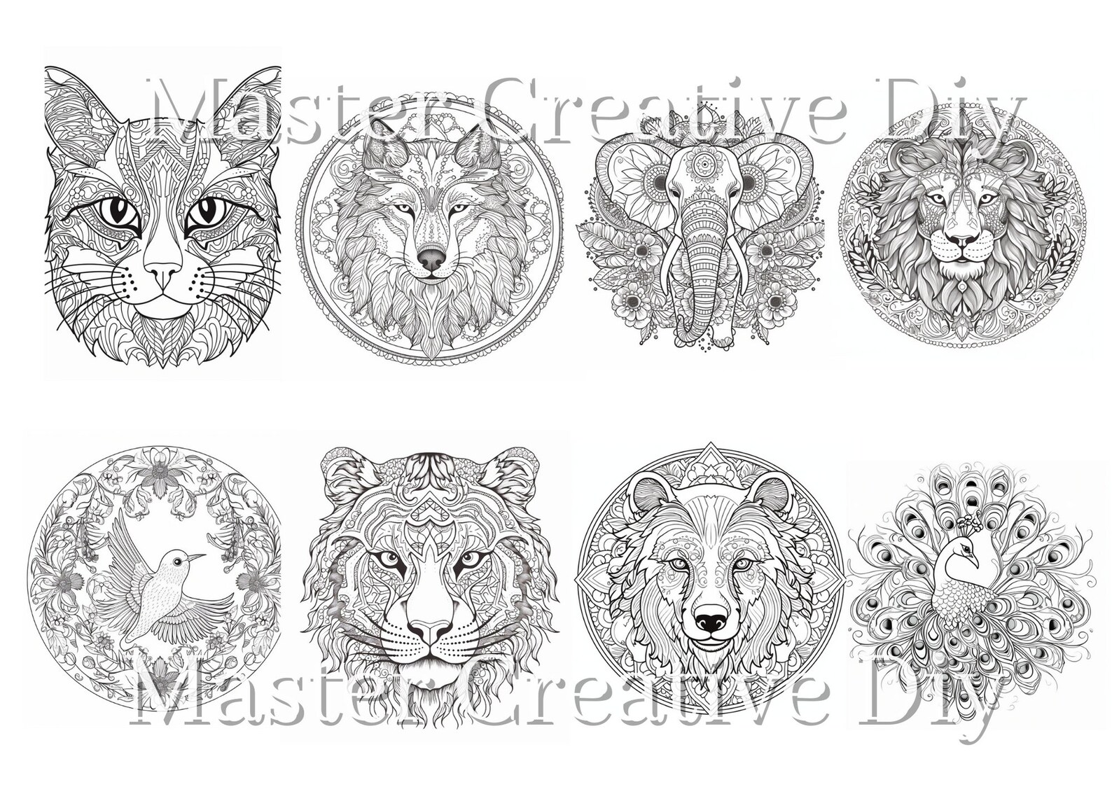 30 Mandala Animal Coloring Pages for Adults, Grayscale Coloring Book ...