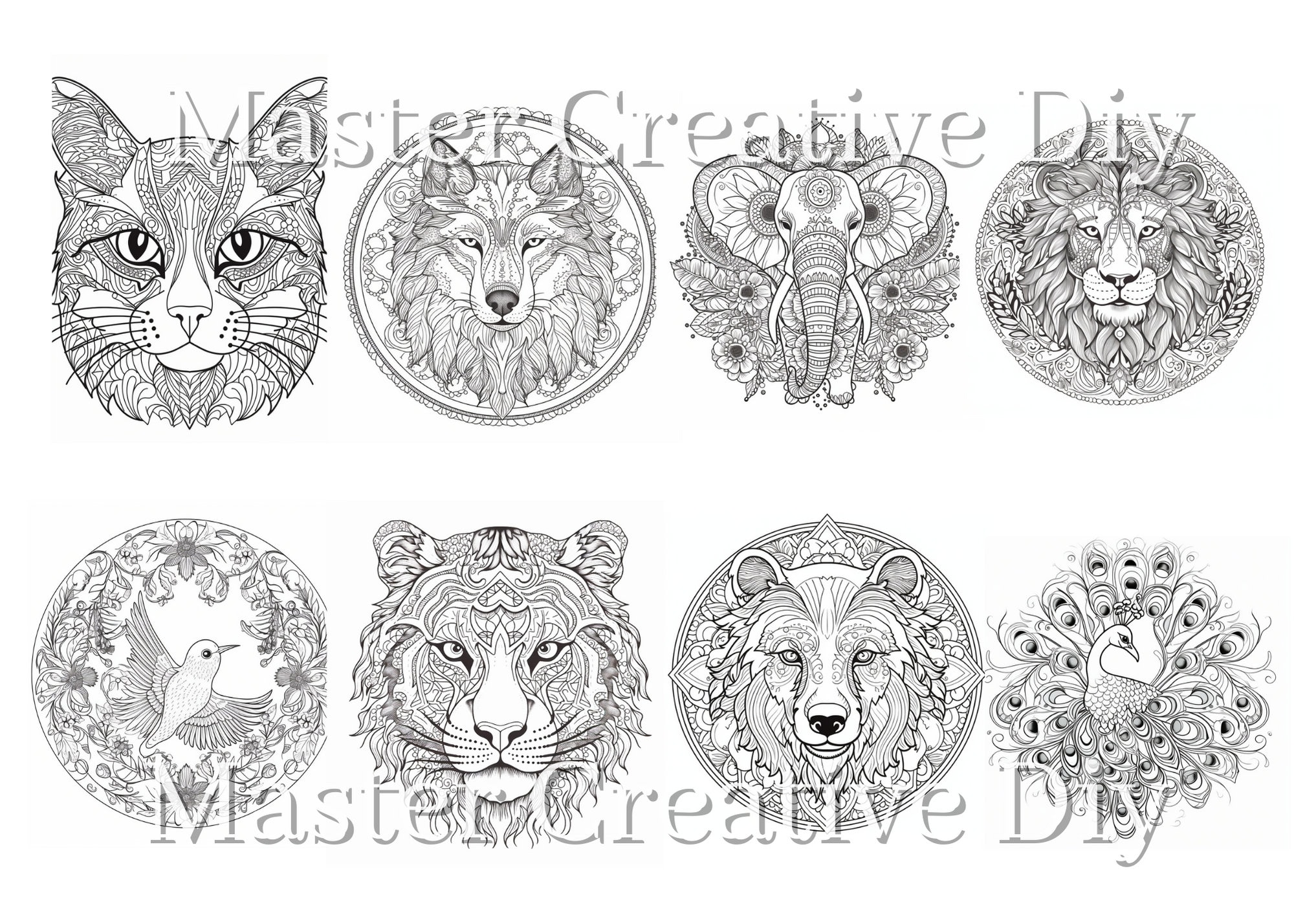 30 Mandala Animal Coloring Pages for Adults, Grayscale Coloring Book ...