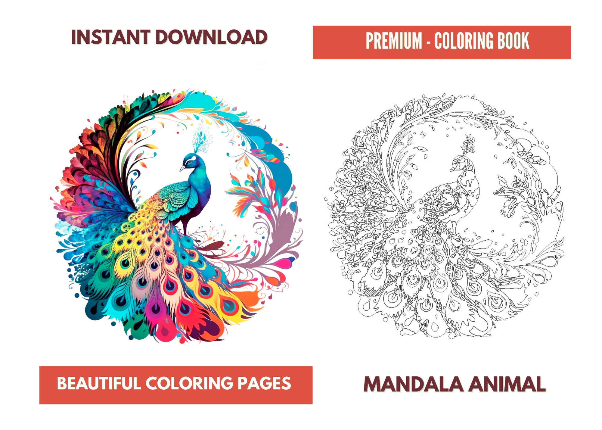 5 Coloring Pages for Adult ,digital Coloring Book Kids, Mandala Animal ...