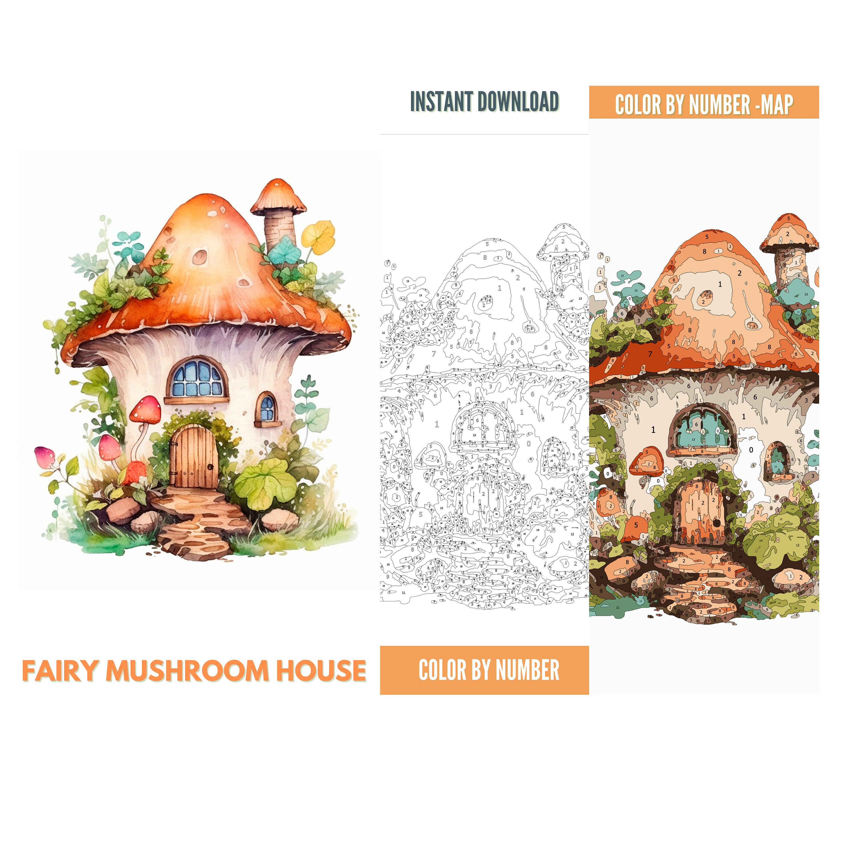Mushroom House Color by Number for Adult, Paint by Number Printable for ...