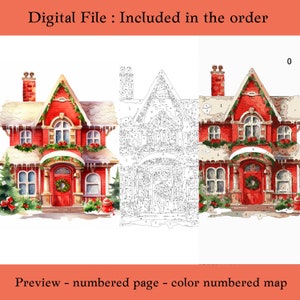5 Christmas House, Color by Number for Adult, Paint by Number Printable ...