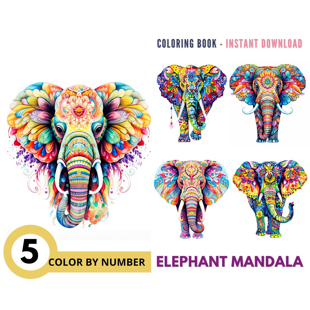 Color by Number for Adult, Paint by Number Printable,5 Mandala Elephant ...