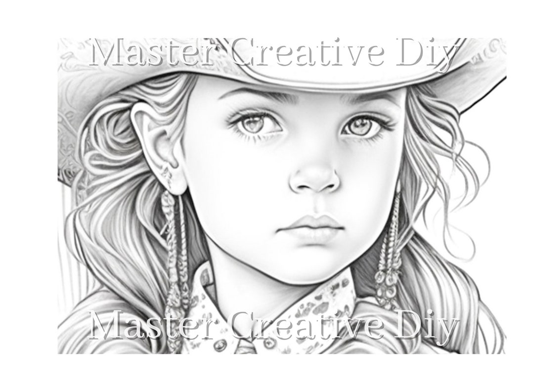 Cute Cowboy Girl, Coloring Pages for Adult, Greyscale Coloring Book ...
