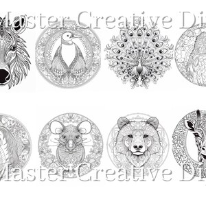 30 Mandala Animal Coloring Pages for Adults, Grayscale Coloring Book ...