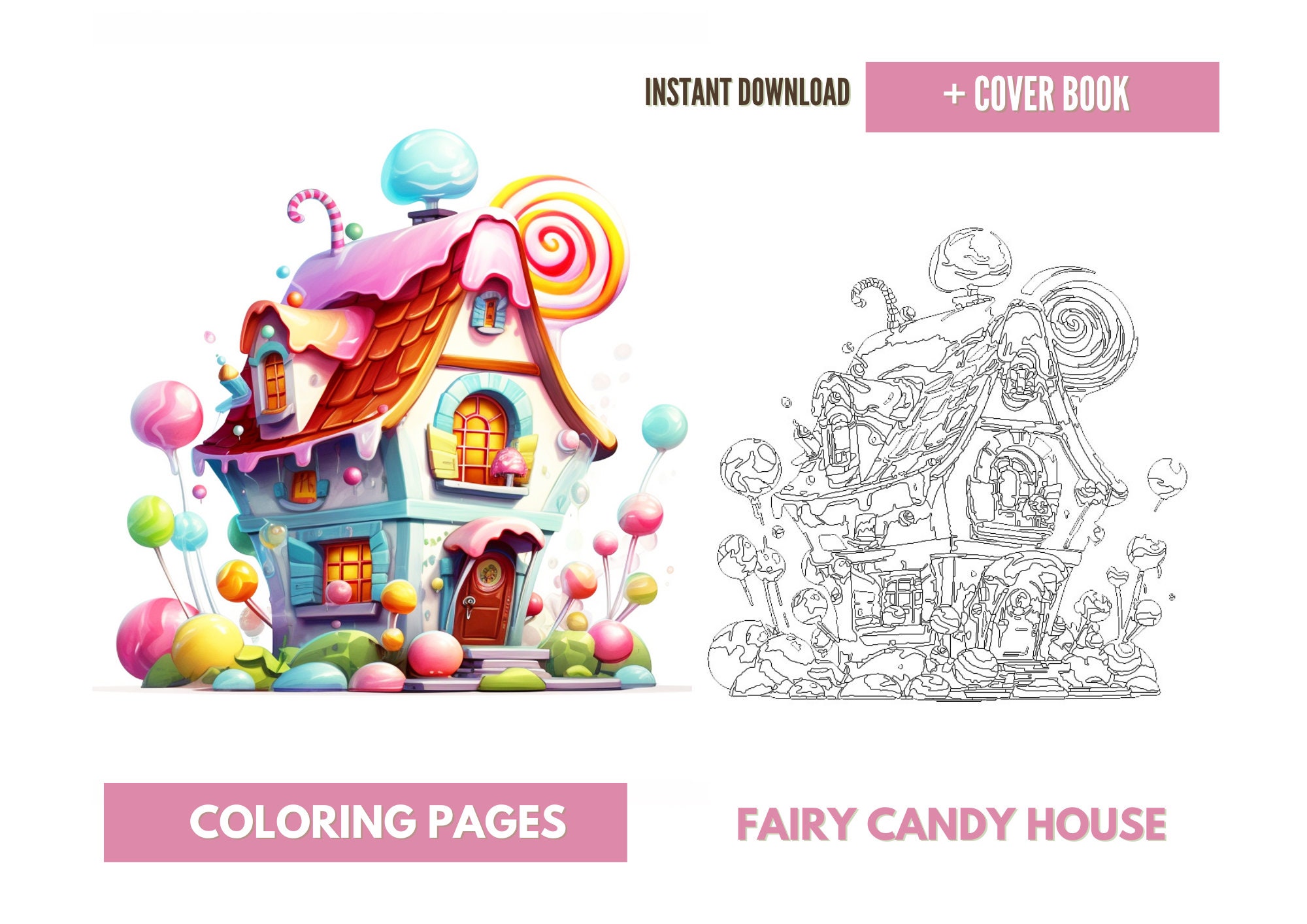 Fairy Candy House Coloring Pages for Adults, Grayscale Coloring Book ...